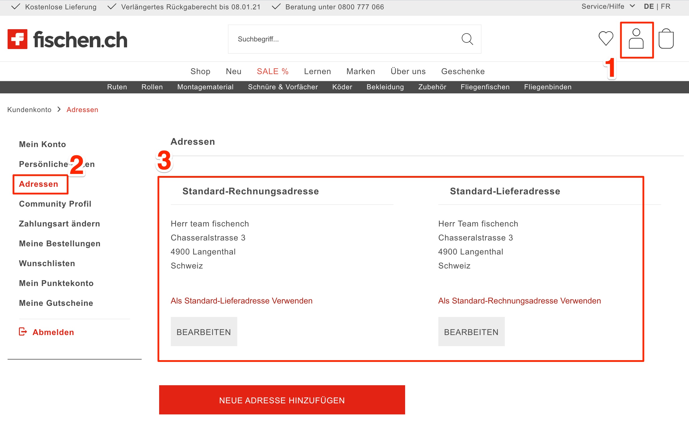 Wie ändere ich meine Lieferadresse oder Rechnungsadresse? – fischen.ch